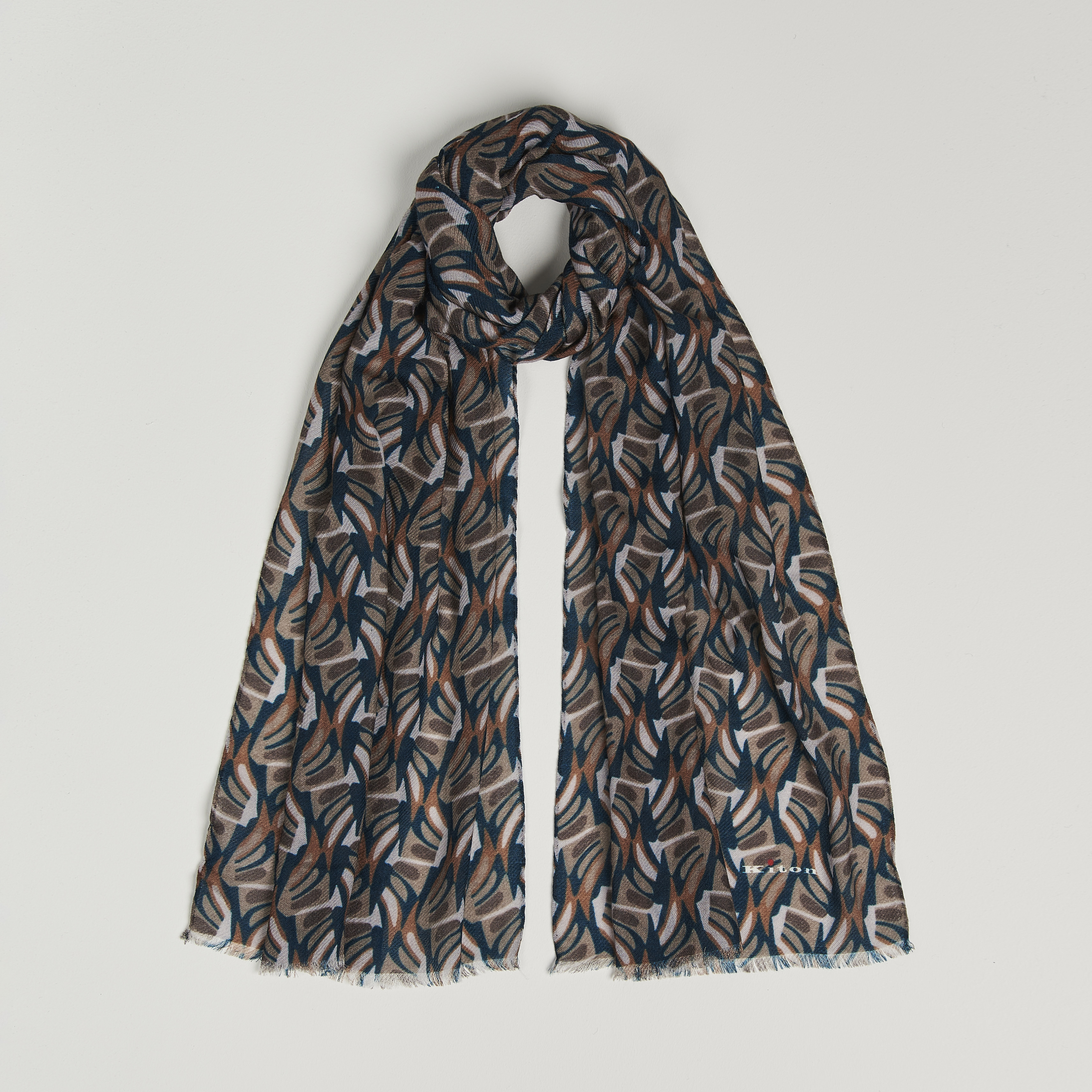 Kiton Printed Cashmere Blend Scarf Navy/Beige at CareOfCarl.com