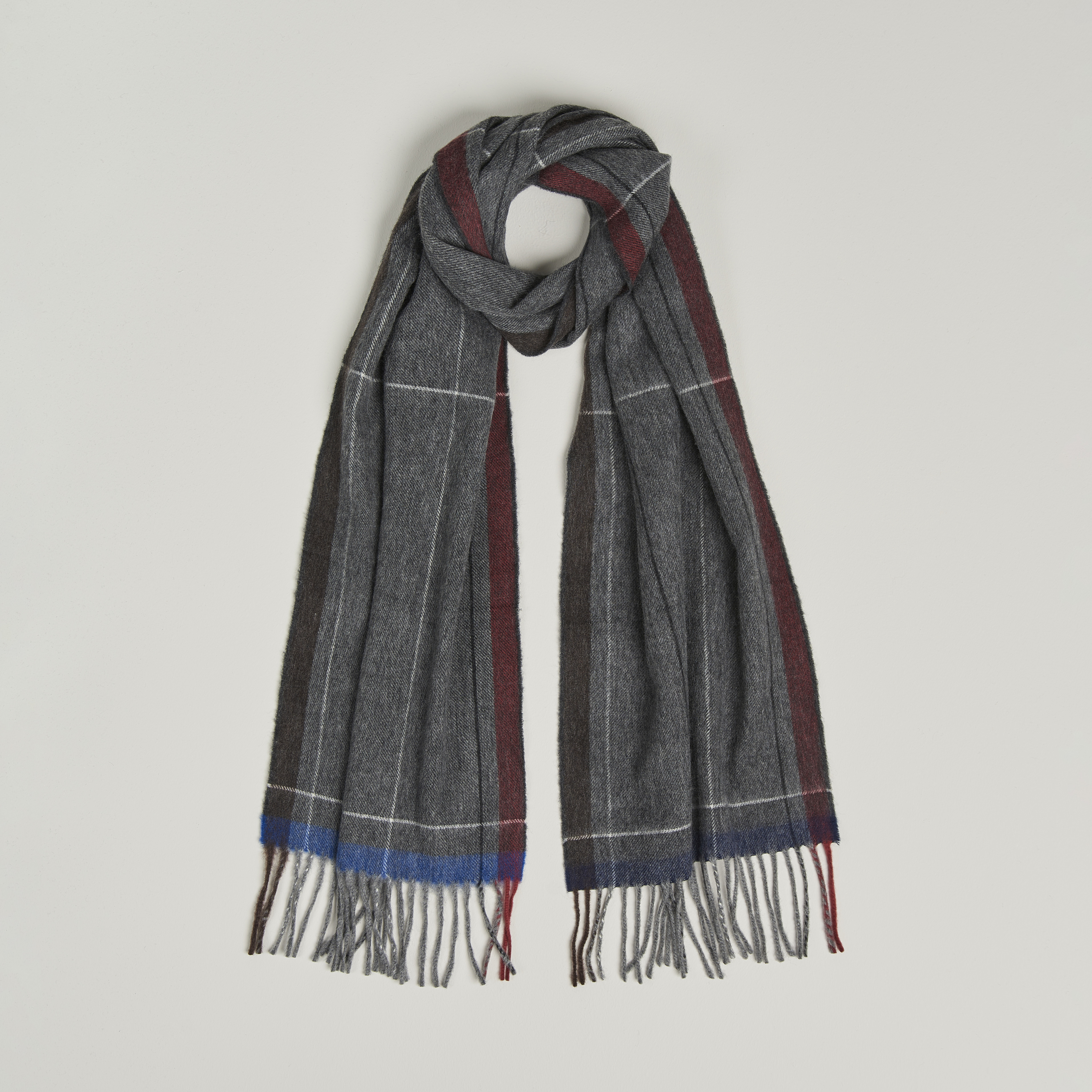 Begg & Co Vale Lambswool/Cashmere Needle Check Scarf Grey Multi at CareOfCa