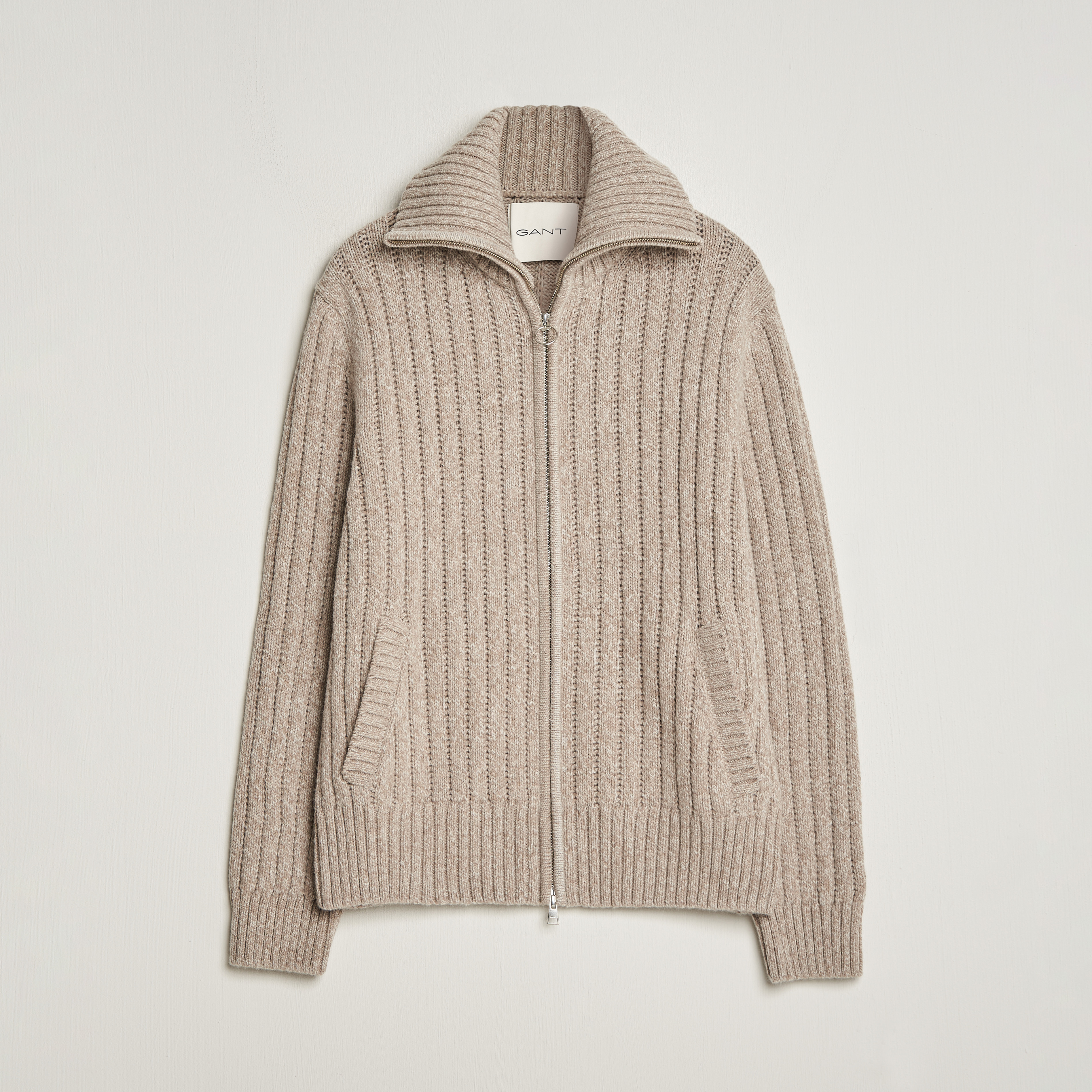 GANT Heavy Structured Knitted Full Zip Light Beige Melange at CareOfCarl.co