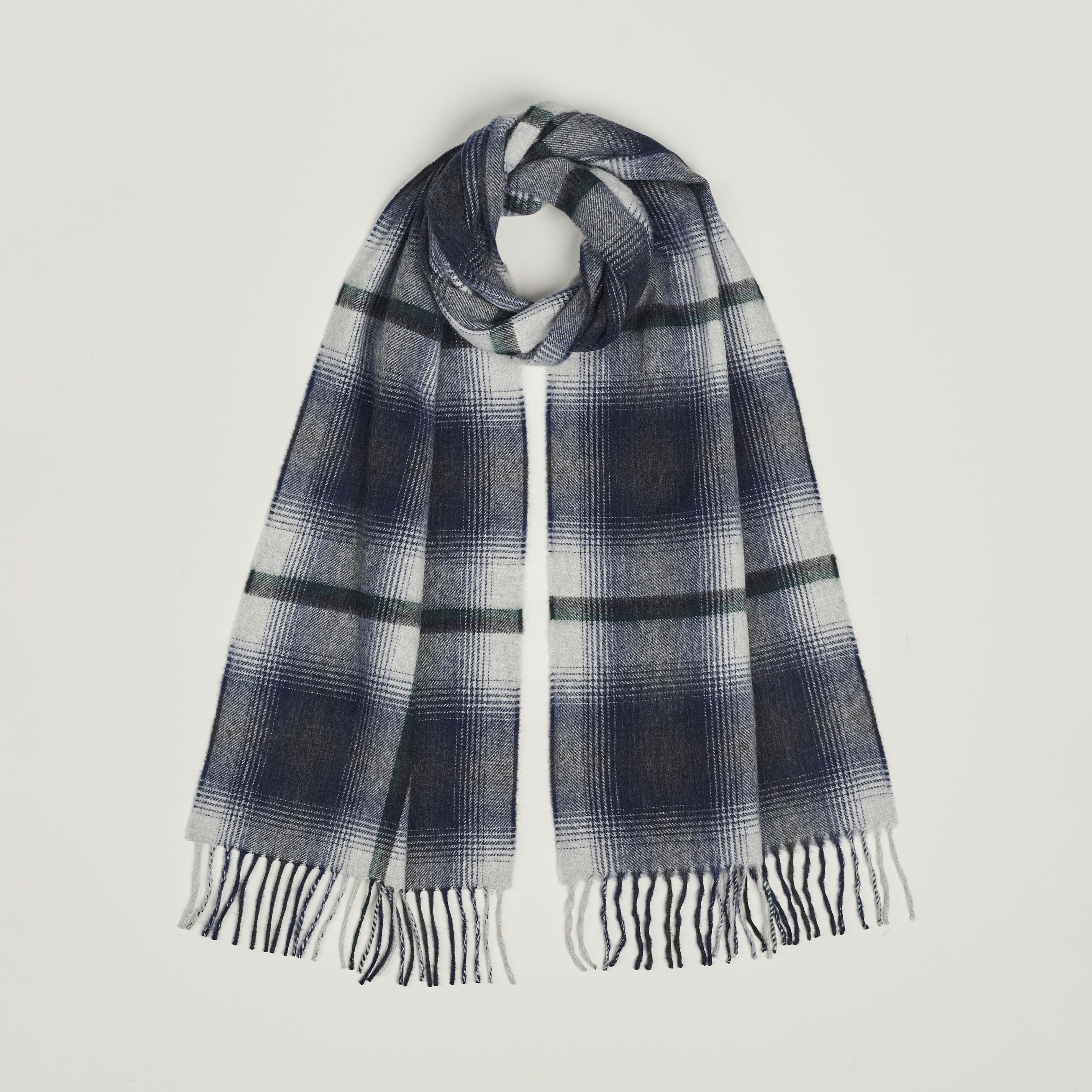 Begg & Co Wool/Cashmere Shadow Check Scarf 32*180cm Silver/Navy at CareOfCa