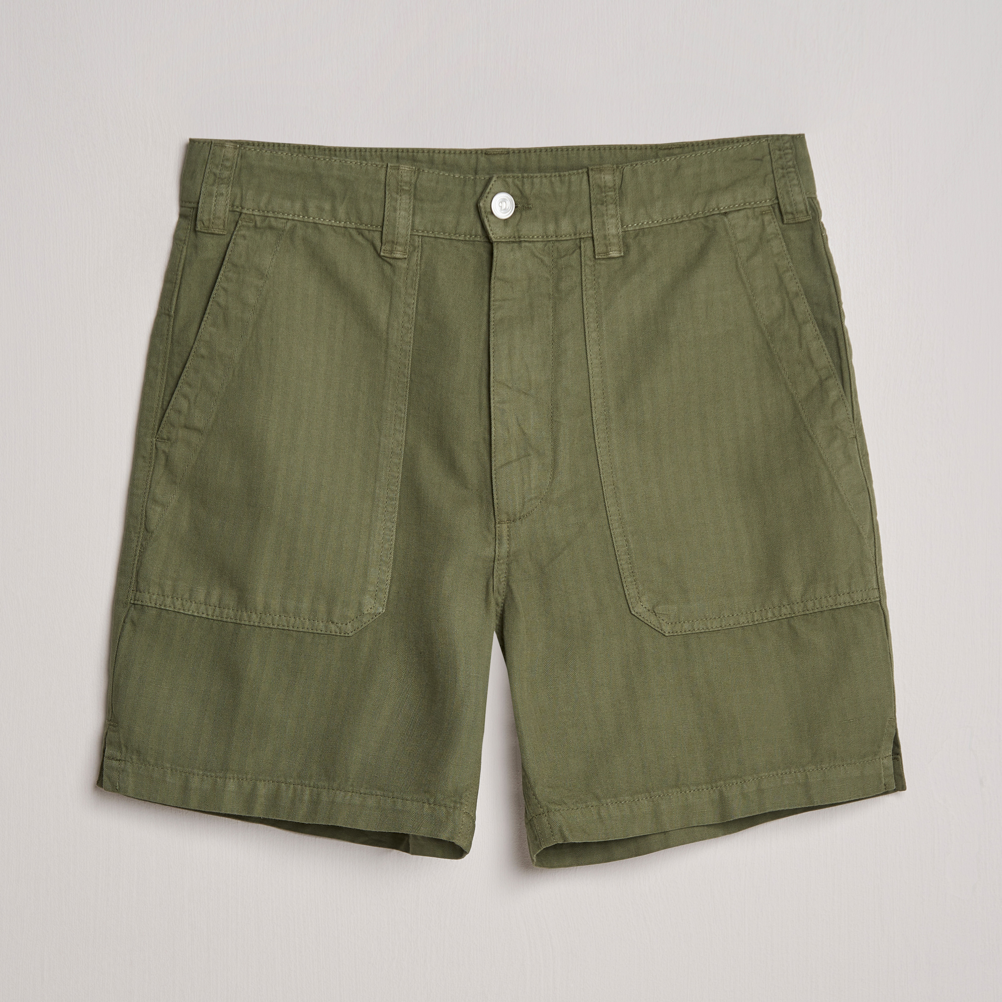 Drake's Herringbone Fatigue Cotton Shorts Olive at CareOfCarl.com