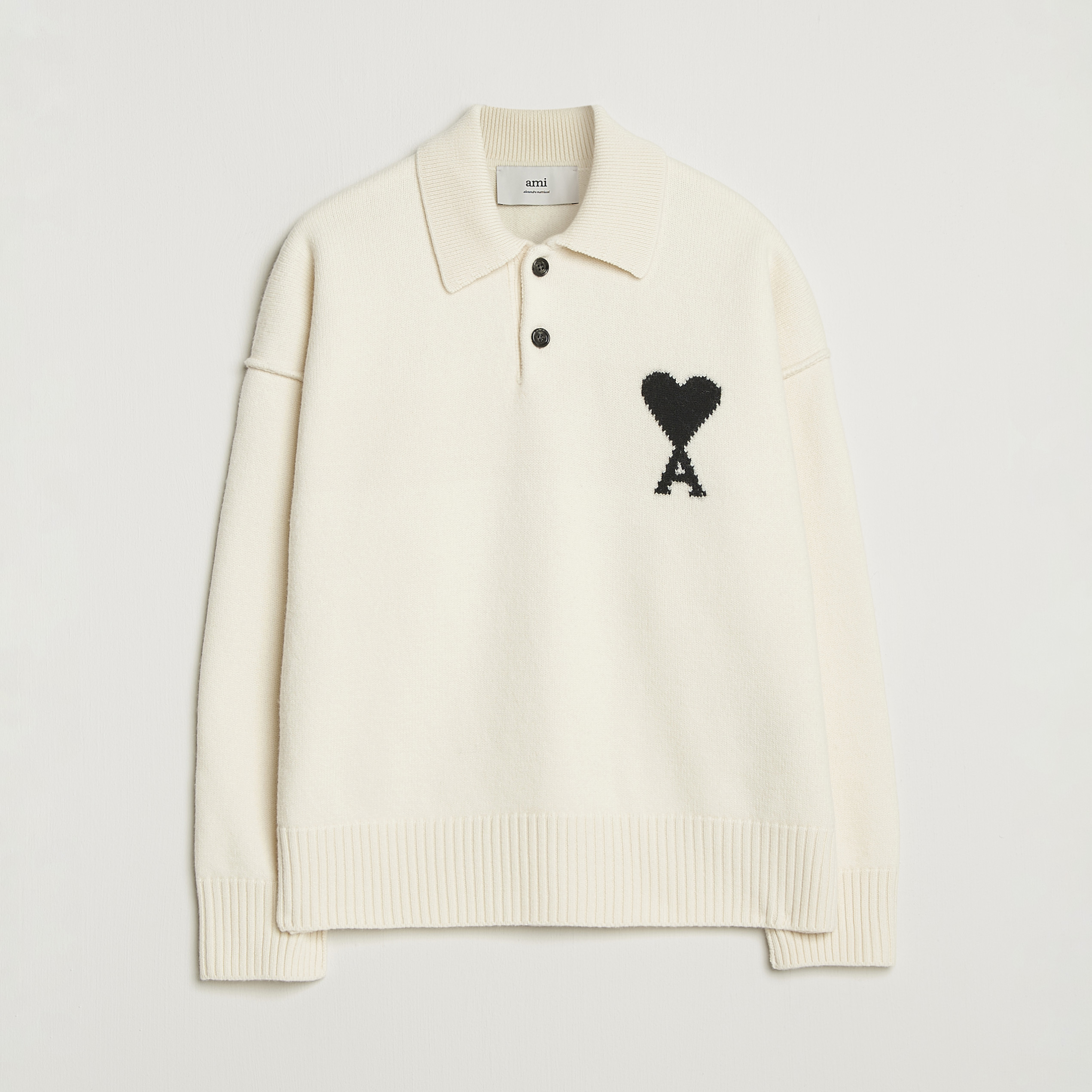 AMI Big Heart Logo Wool Knitted Polo Ecru at CareOfCarl.com
