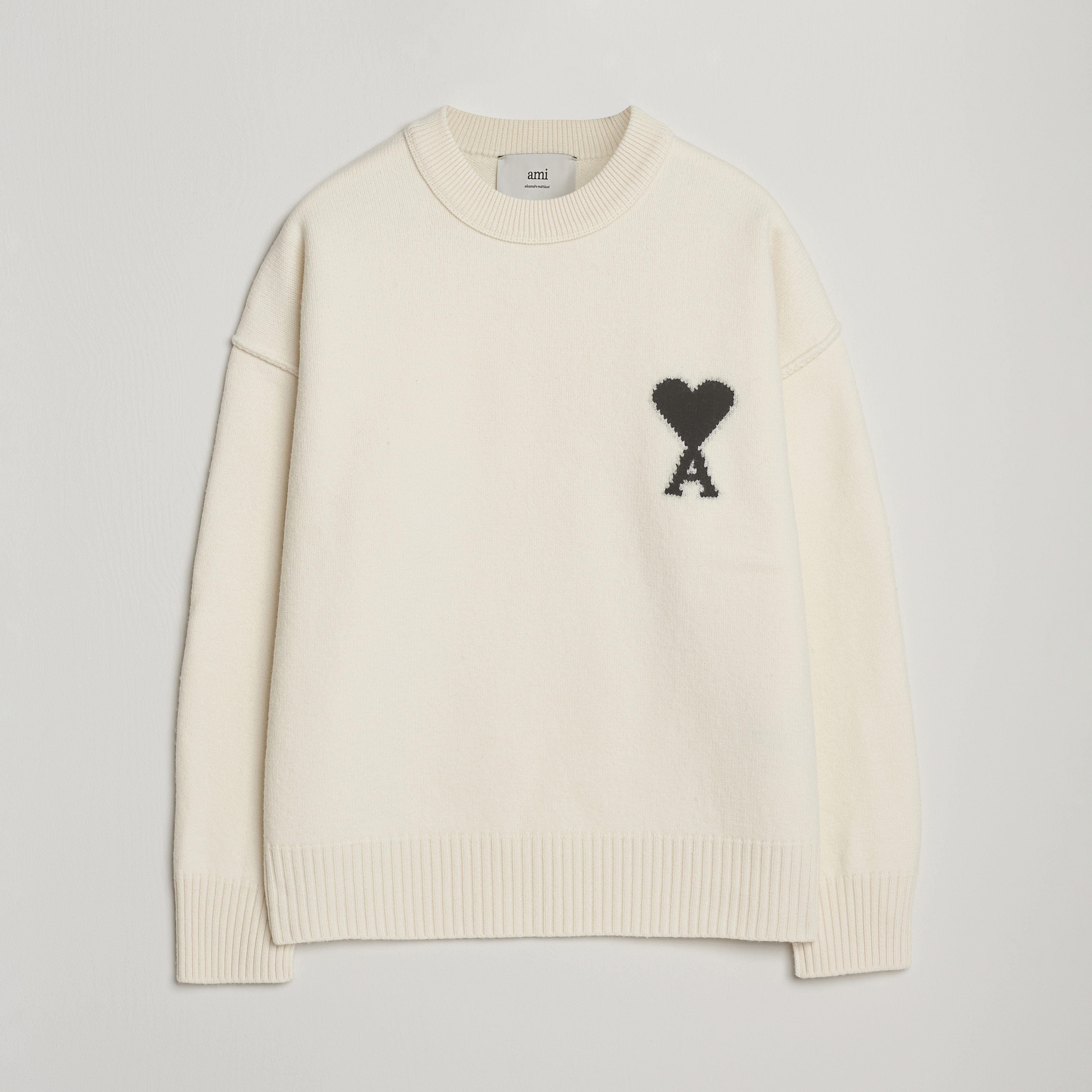 AMI Big Heart Logo Wool Knitted Sweater Ecru at CareOfCarl.com
