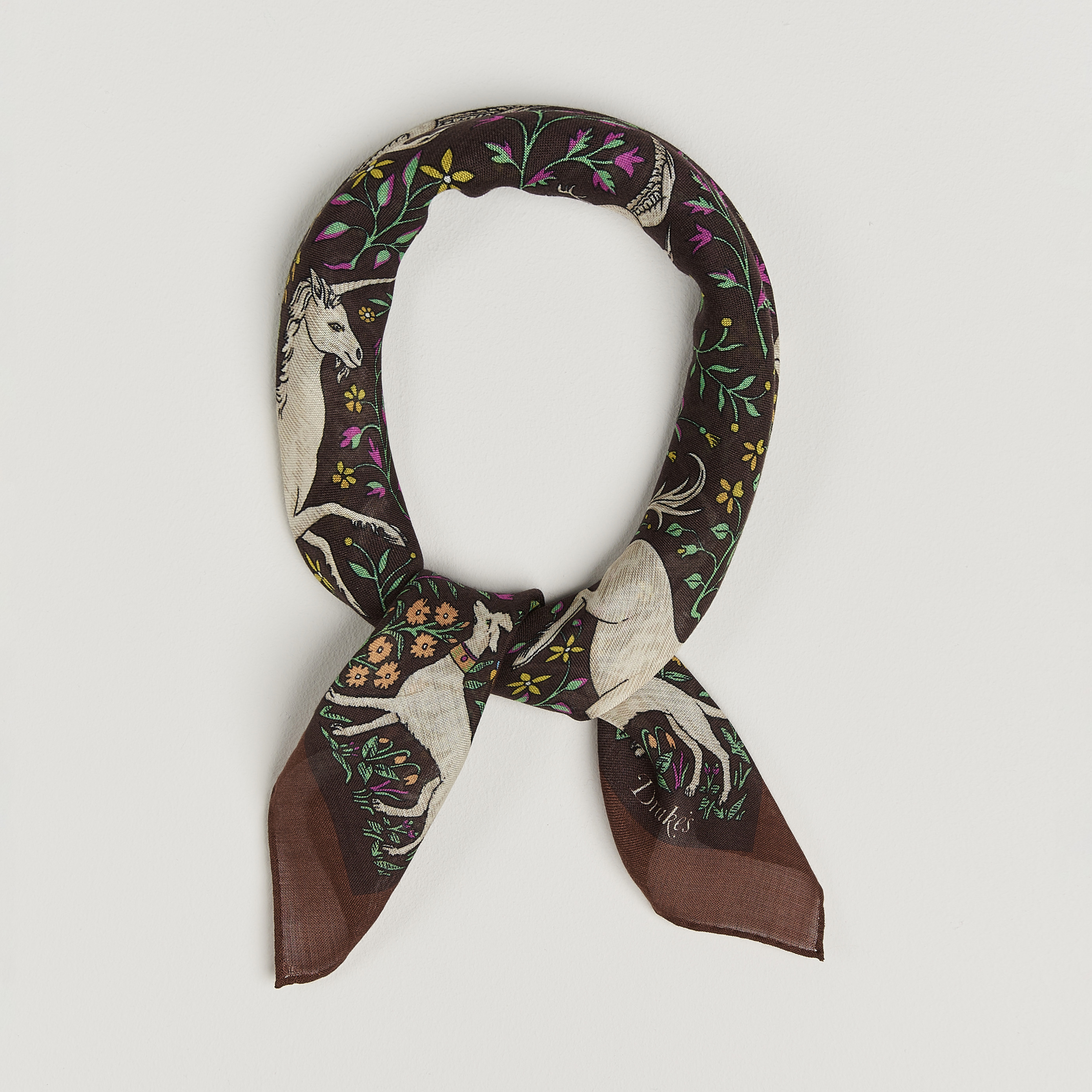 Drake's Unicorn Print Wool/Silk Bandana Brown at CareOfCarl.com