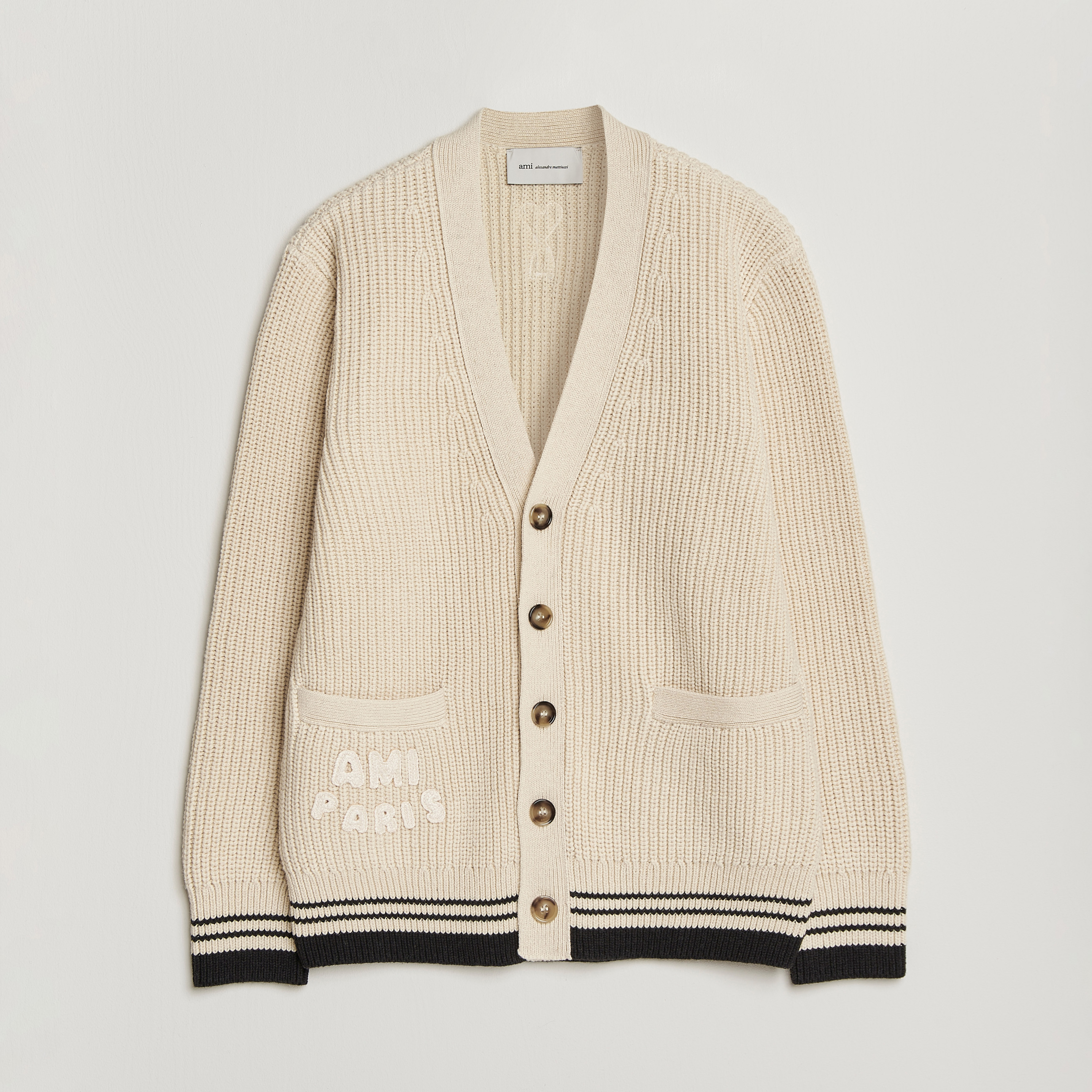AMI Wool/Cotton Ribbed Cardigan Creme at CareOfCarl.com