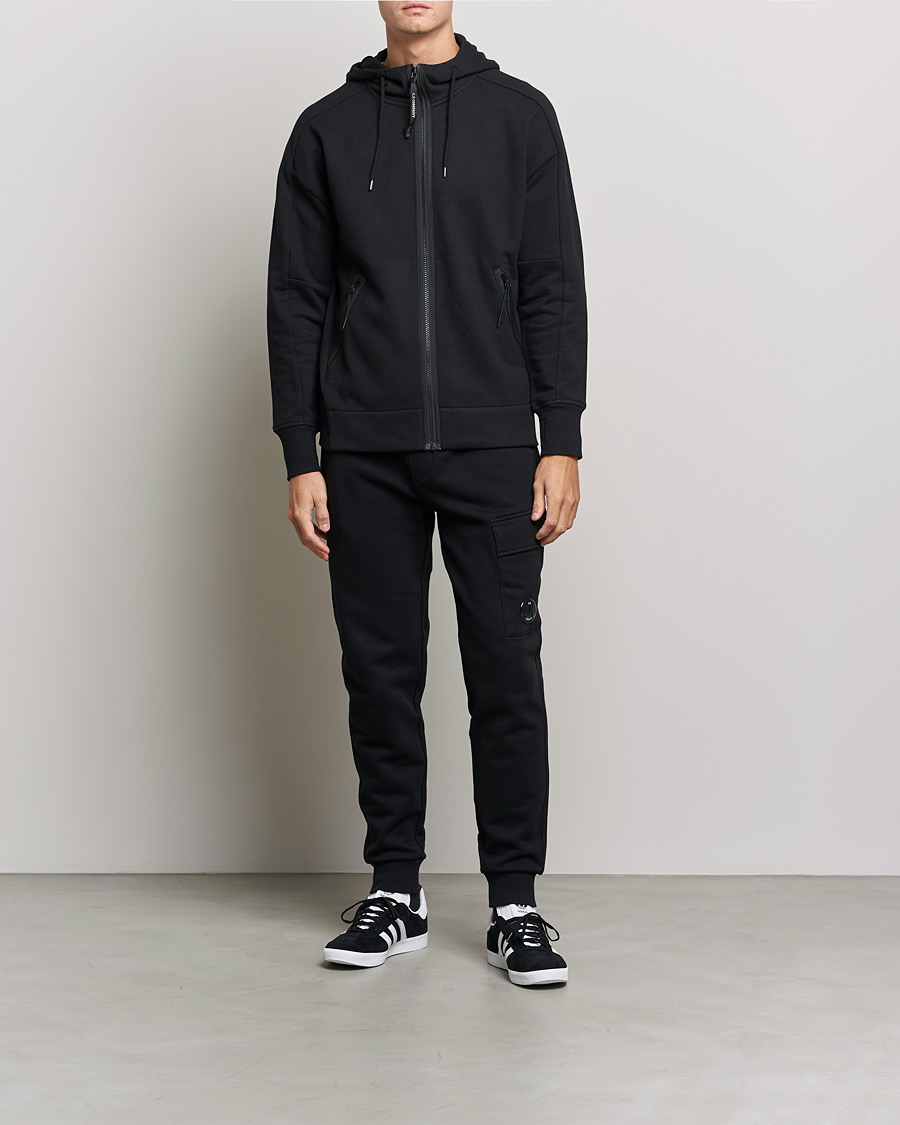 C.P. Company Diagonal Raised Fleece Full Zip Goggle Hoodie Black at CareOfC