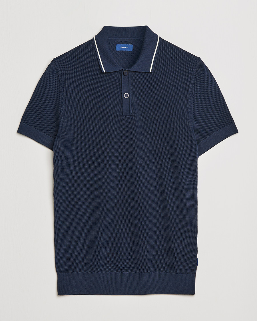 GANT Textured Knitted Polo Evening Blue at CareOfCarl.com