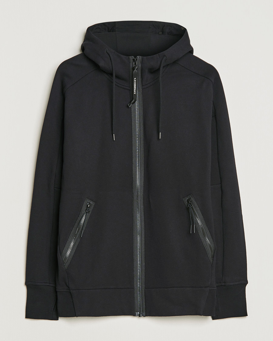 C.P. Company Diagonal Raised Fleece Full Zip Goggle Hoodie Black at CareOfC