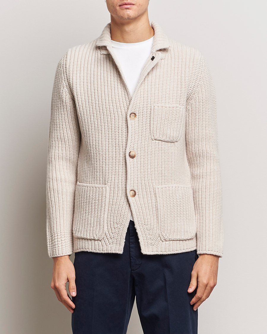 Gran Sasso Heavy Wool Knitted Blazer Cardigan Off White at CareOfCarl.com