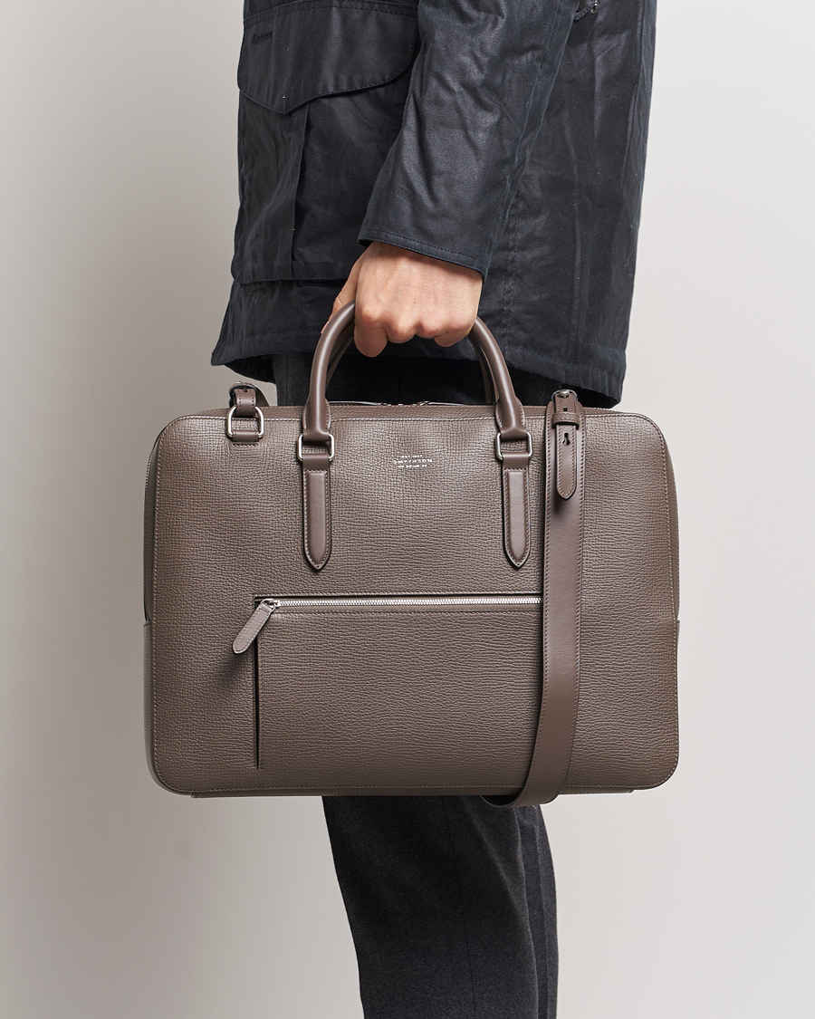 Smythson Ludlow Large Briefcase with Zip Front Dark Taupe at CareOfCarl.com