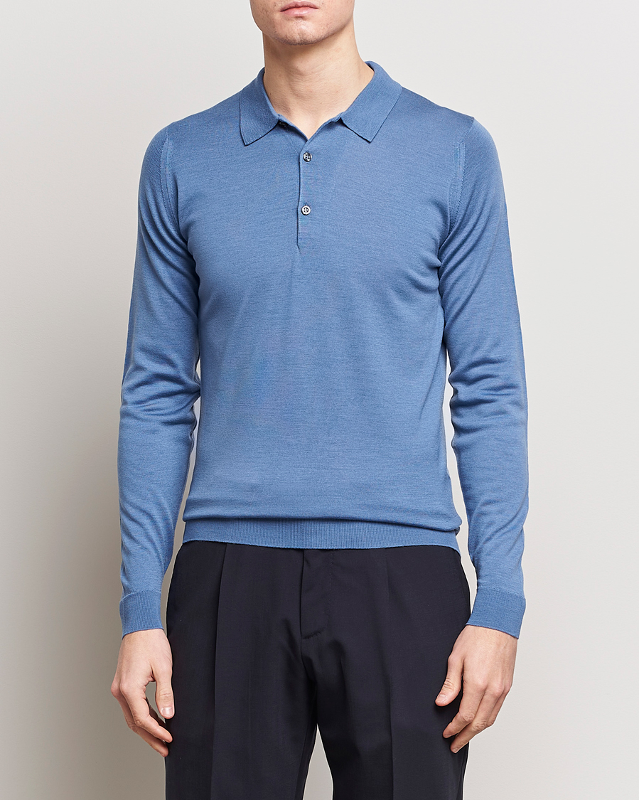 John Smedley Belper Extra Fine Merino Polo Pullover Riviera Blue at CareOfC